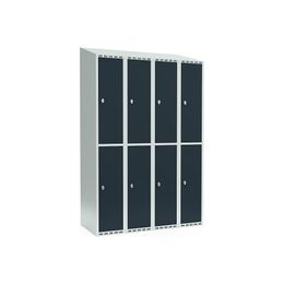 Doppelstock-Spind Fydor, 4 Abteile, lichtgrau / grau, B 1200 mm, 4 Abteile, schr&auml;ge Dachform, Vorh&auml;ngeschloss kaiserkraft