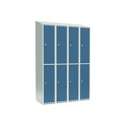 Doppelstock-Spind Fydor, 4 Abteile, lichtgrau / brillantblau, B 1200 mm, 4 Abteile, schr&auml;ge Dachform, Vorh&auml;ngeschloss kaiserkraft