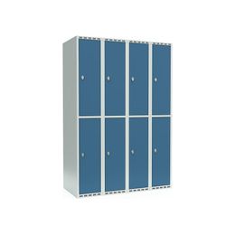 Doppelstock-Spind Fydor, 4 Abteile, lichtgrau / brillantblau, B 1200 mm, 4 Abteile, flache Dachform, Vorh&auml;ngeschloss kaiserkraft