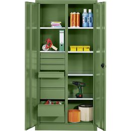 C+P Materialschrank aus Stahlblech, 6 Fachb&ouml;den, 8 Schubladen, HxBxT 1950 x 1200 x 500 mm, resedagr&uuml;n