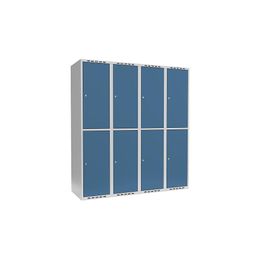 Doppelstock-Spind Fydor, 4 Abteile, lichtgrau / brillantblau, B 1200 mm, 4 Abteile, flache Dachform, Zylinderschloss kaiserkraft