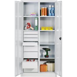 C+P Materialschrank aus Stahlblech, 6 Fachb&ouml;den, 8 Schubladen, HxBxT 1950 x 1200 x 500 mm, lichtgrau