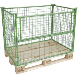 ratioform economy Gitter-Aufsatzrahmen, L&auml;ngswand halb klappbar, zum Aufsetzen, f&uuml;r Paletten 1200 x 800, H 1000 mm, Maschen 50 x 50 mm, gr&uuml;n