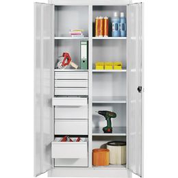 C+P Materialschrank aus Stahlblech, 6 Fachb&ouml;den, 8 Schubladen, HxBxT 1950 x 930 x 500 mm, lichtgrau