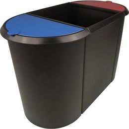 Helit Papierkorb, Kunststoff, TRIO, mit drei Sortierf&auml;chern, Deckel blau / rot, Korpus schwarz, VE 2 Stk