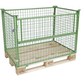 ratioform economy Gitter-Aufsatzrahmen, L&auml;ngswand halb klappbar, zum Aufsetzen, f&uuml;r Paletten 1200 x 800, H 800 mm, Maschen 50 x 50 mm, gr&uuml;n