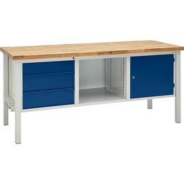 Werkbank, Breite 2000 mm, 3 Schubladen 1 x 125 / 2 x 175 mm, 1 T&uuml;r 475 mm, lichtgrau/enzianblau kaiserkraft