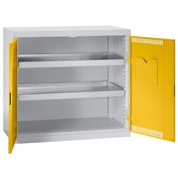 Umweltschrank mit T&uuml;rlochung, HxBxT 900 x 1000 x 500 mm, 2 Wannenb&ouml;den, lichtgrau / signalgelb kaiserkraft