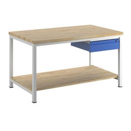 Rau Werkbank, Gestellbauweise, 1 Schublade Gr&ouml;&szlig;e L, 1 Ablageboden Buche massiv, Tiefe 900 mm, Breite 1500 mm