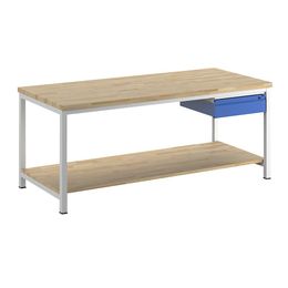 Rau Werkbank, Gestellbauweise, 1 Schublade Gr&ouml;&szlig;e L, 1 Ablageboden Buche massiv, Tiefe 900 mm, Breite 2000 mm