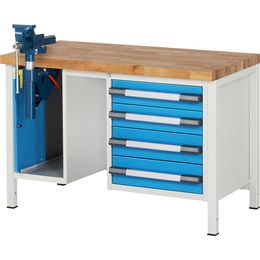 eurokraft pro Werkbank, Gestellbauweise Serie 8000, 4 Schubladen: 2 x 120, 2 x 150 mm, 1 Schrank, BxT 1250 x 700 mm