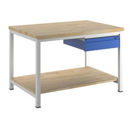 Rau Werkbank, Gestellbauweise, 1 Schublade Gr&ouml;&szlig;e L, 1 Ablageboden Buche massiv, Tiefe 900 mm, Breite 1250 mm