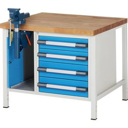 eurokraft pro Werkbank, Gestellbauweise Serie 8000, 4 Schubladen: 2 x 120, 2 x 150 mm, 1 Schrank, BxT 1000 x 900 mm