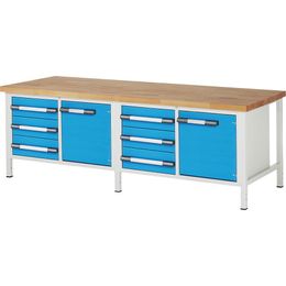 eurokraft pro Werkbank, Gestellbauweise Serie 8000, 6 Schubladen 180 mm, 2 T&uuml;ren 540 mm, 1 Fachboden, BxT 2500 x 900 mm