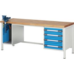 eurokraft pro Werkbank, Gestellbauweise Serie 8000, 4 Schubladen: 2 x 120, 2 x 150 mm, 1 Schrank, BxT 2000 x 700 mm