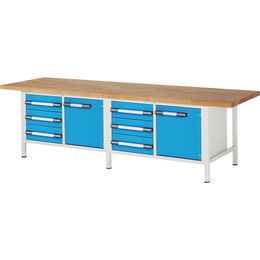 eurokraft pro Werkbank, Gestellbauweise Serie 8000, 6 Schubladen 180 mm, 2 T&uuml;ren 540 mm, 1 Fachboden, BxT 3000 x 900 mm