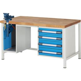 eurokraft pro Werkbank, Gestellbauweise Serie 8000, 4 Schubladen: 2 x 120, 2 x 150 mm, 1 Schrank, BxT 1500 x 900 mm