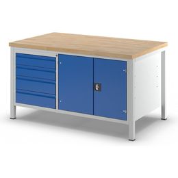 Rau Werkbank, Gestellbauweise, 4 Schubladen Gr&ouml;&szlig;e L, 1 Werkzeugschrank, Tiefe 900 mm, Breite 1500 mm