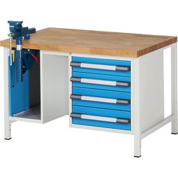 eurokraft pro Werkbank, Gestellbauweise Serie 8000, 4 Schubladen: 2 x 120, 2 x 150 mm, 1 Schrank, BxT 1250 x 900 mm