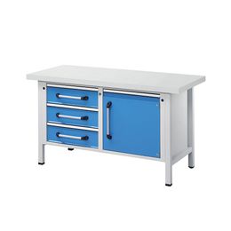 eurokraft pro Werkbank, Gestellbauweise, Breite 1500 mm, 3 Schubladen, 1 T&uuml;r, Universalplatte