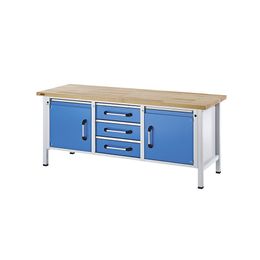 eurokraft pro Werkbank, Gestellbauweise, Breite 2000 mm, 3 Schubladen, 2 T&uuml;ren, Buche massiv