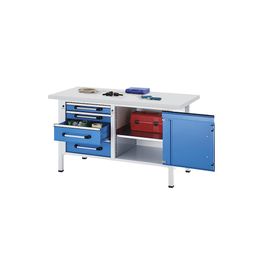 eurokraft pro Werkbank, Gestellbauweise, Breite 1500 mm, 4 Schubladen, 1 T&uuml;r, lichtblau, Universalplatte