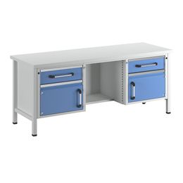eurokraft pro Werkbank, Gestellbauweise, Breite 2000 mm, 2 Schubladen, 2 T&uuml;ren, Universalplatte