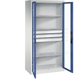 C+P Sichtfenster-Fl&uuml;gelt&uuml;rschrank, HxBxT 1950 x 930 x 500 mm, 3 Fachb&ouml;den, 3 Schubladen, lichtgrau / enzianblau