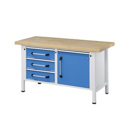 eurokraft pro Werkbank, Gestellbauweise, Breite 1500 mm, 3 Schubladen, 1 T&uuml;r, Buche massiv