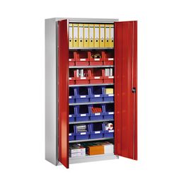 eurokraft pro Materialschrank aus Stahlblech, mit 20 Sichtlagerk&auml;sten, lichtgrau RAL 7035 / verkehrsrot RAL 3020