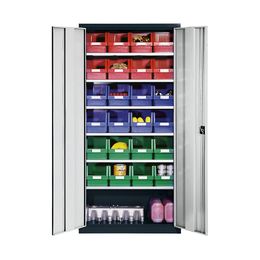 eurokraft pro Materialschrank aus Stahlblech, mit 24 Sichtlagerk&auml;sten, lichtgrau RAL 7035 / verkehrsrot RAL 3020