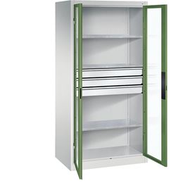C+P Sichtfenster-Fl&uuml;gelt&uuml;rschrank, HxBxT 1950 x 930 x 600 mm, 3 Fachb&ouml;den, 3 Schubladen, lichtgrau / resedagr&uuml;n