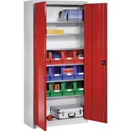 eurokraft pro Materialschrank aus Stahlblech, mit 12 Sichtlagerk&auml;sten, lichtgrau RAL 7035 / verkehrsrot RAL 3020