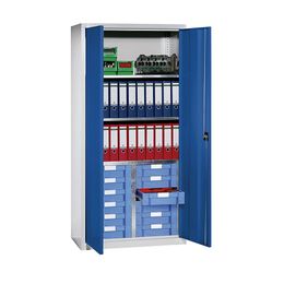 eurokraft pro Material- und Schubladenschrank, 3 Fachb&ouml;den, 12 Schubladen, lichtgrau RAL 7035 / enzianblau RAL 5010