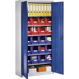 eurokraft pro Materialschrank aus Stahlblech, mit 20 Sichtlagerk&auml;sten, lichtgrau RAL 7035 / enzianblau RAL 5010