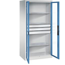 C+P Sichtfenster-Fl&uuml;gelt&uuml;rschrank, HxBxT 1950 x 930 x 600 mm, 3 Fachb&ouml;den, 3 Schubladen, lichtgrau / lichtblau