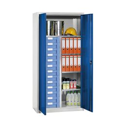eurokraft pro Material- und Schubladenschrank, 4 Fachb&ouml;den, 13 Schubladen, lichtgrau RAL 7035 / enzianblau RAL 5010