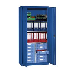 eurokraft pro Material- und Schubladenschrank, 3 Fachb&ouml;den, 12 Schubladen, enzianblau RAL 5010