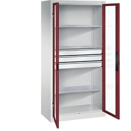 C+P Sichtfenster-Fl&uuml;gelt&uuml;rschrank, HxBxT 1950 x 930 x 500 mm, 3 Fachb&ouml;den, 3 Schubladen, lichtgrau / rubinrot