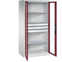 C+P Sichtfenster-Fl&uuml;gelt&uuml;rschrank, HxBxT 1950 x 930 x 600 mm, 3 Fachb&ouml;den, 3 Schubladen, lichtgrau / rubinrot