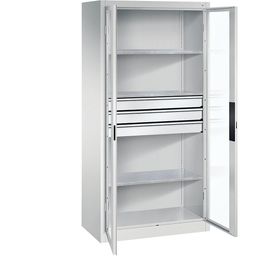C+P Sichtfenster-Fl&uuml;gelt&uuml;rschrank, HxBxT 1950 x 930 x 500 mm, 3 Fachb&ouml;den, 3 Schubladen, lichtgrau / lichtgrau