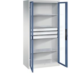C+P Sichtfenster-Fl&uuml;gelt&uuml;rschrank, HxBxT 1950 x 930 x 500 mm, 3 Fachb&ouml;den, 3 Schubladen, lichtgrau / fernblau