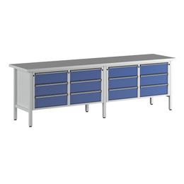 ANKE Werkbank Breite 2800 mm, Gestellbauweise, 12 Schubladen, 180 mm mit Vollauszug, H&ouml;he 890 mm, Universalplatte