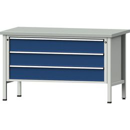 ANKE Werkbank 1500 mm breit, Gestellbauweise, 3 Schubladen &agrave; 180 mm, Stahlblechbelagplatte, H&ouml;he 890 mm