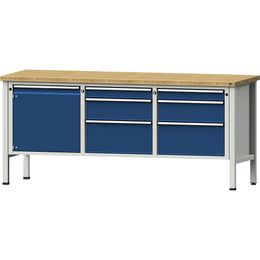 ANKE Werkbank, Gestellbauweise Serie V, 1 T&uuml;r 540 mm, 6 Schubladen, H&ouml;he 890 mm, Buche massiv