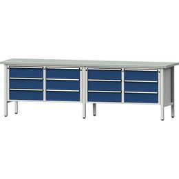 ANKE Werkbank Breite 2800 mm, Gestellbauweise, 12 Schubladen, 180 mm mit Vollauszug, H&ouml;he 890 mm, Stahlblechbelagplatte