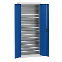 eurokraft pro Materialschrank aus Stahlblech, H&ouml;he 1575 mm, lichtgrau RAL 7035 / enzianblau RAL 5010, 14 B&ouml;den