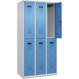 C+P Doppelstock-Spind Evolo PLUS, 3 Abteile, lichtgrau / lichtblau, B 900 mm, mit Bodengleitern, Zylinderschloss
