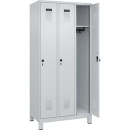 C+P Spind Evolo PLUS, 3 Abteile, lichtgrau, B 900 mm, mit breiten F&uuml;&szlig;en, Drehriegel
