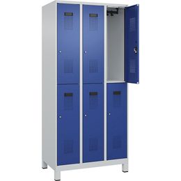 C+P Doppelstock-Spind Evolo PLUS, 3 Abteile, lichtgrau / enzianblau, B 900 mm, mit breiten F&uuml;&szlig;en, Zylinderschloss